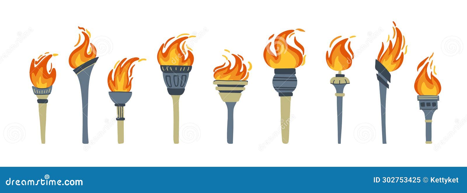 Set of Olympic Torches with Burning Fire. Flat Style Vector ...