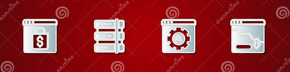 Set Online Shopping on Screen, Server, Browser Setting and Financial Growth Decrease Icon ...