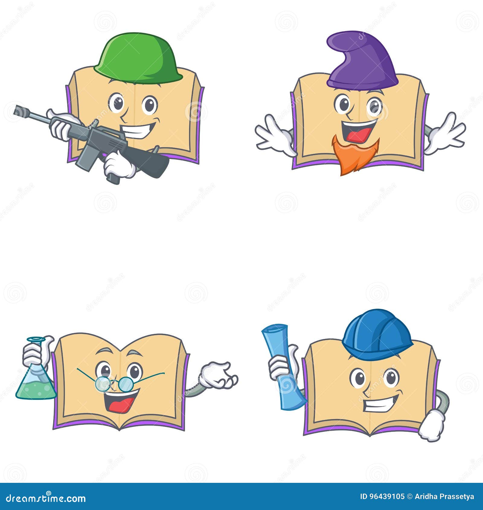 Set of Open Book Character with Army Elf Professor Architect Stock ...