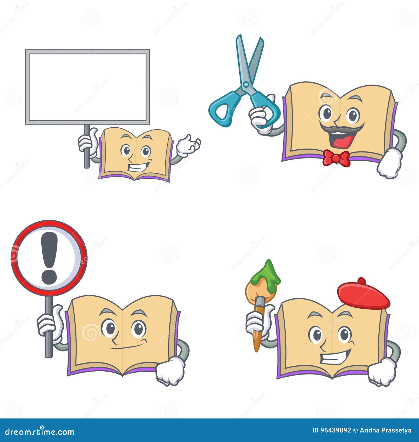 Set of Open Book Character with Bring Board Sign Barber Artist Stock ...