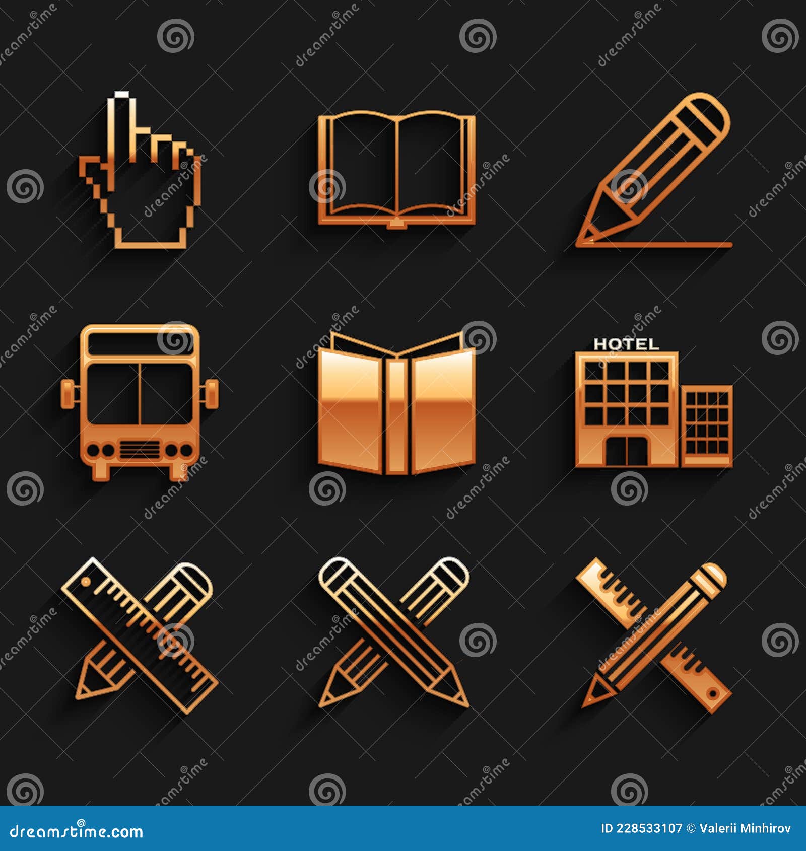 Set Open Book, Crossed Pencil, Ruler and, Hotel Building, Bus, Pencil ... Set Open Book, Crossed Pencil, Ruler and, Hotel Building, Bus, Pencil ...