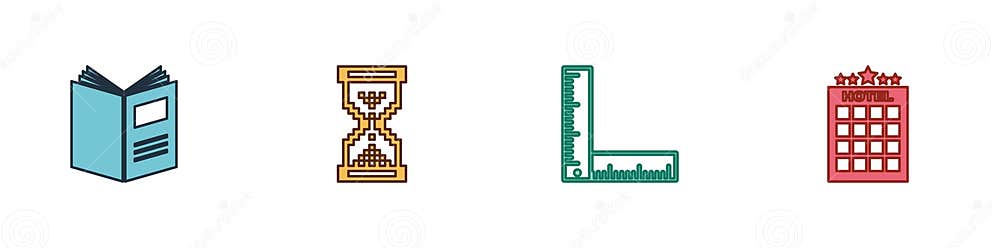 Set Open Book, Hourglass Pixel, Folding Ruler and Hotel Building Icon ... Set Open Book, Hourglass Pixel, Folding Ruler and Hotel Building Icon ...