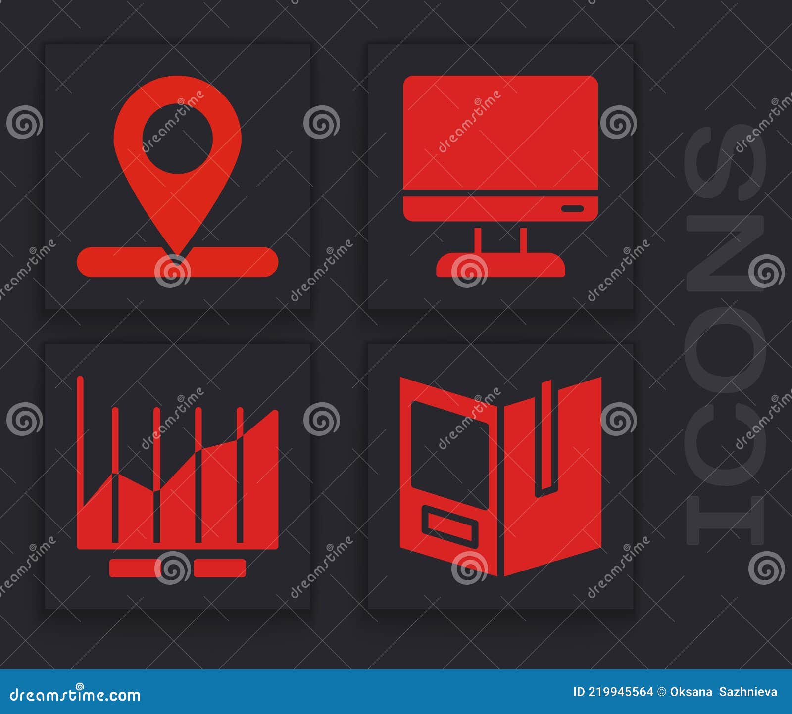 Set Open Book, Location, Computer Monitor Screen and Pie Chart ...