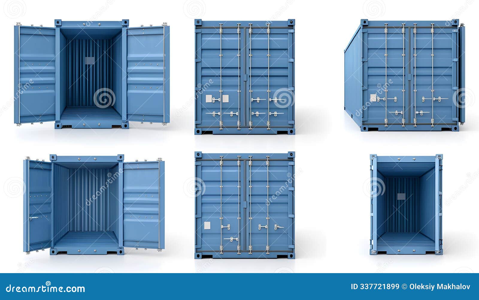 Set of Open and Closed Blue Metal Cargo Containers, Shown from Front ...