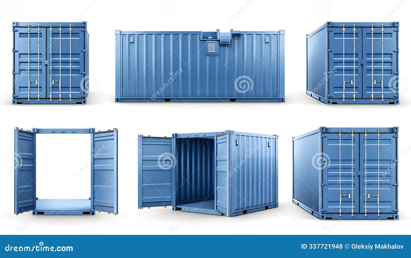 Set of Open and Closed Blue Metal Cargo Containers, Shown from Front ...