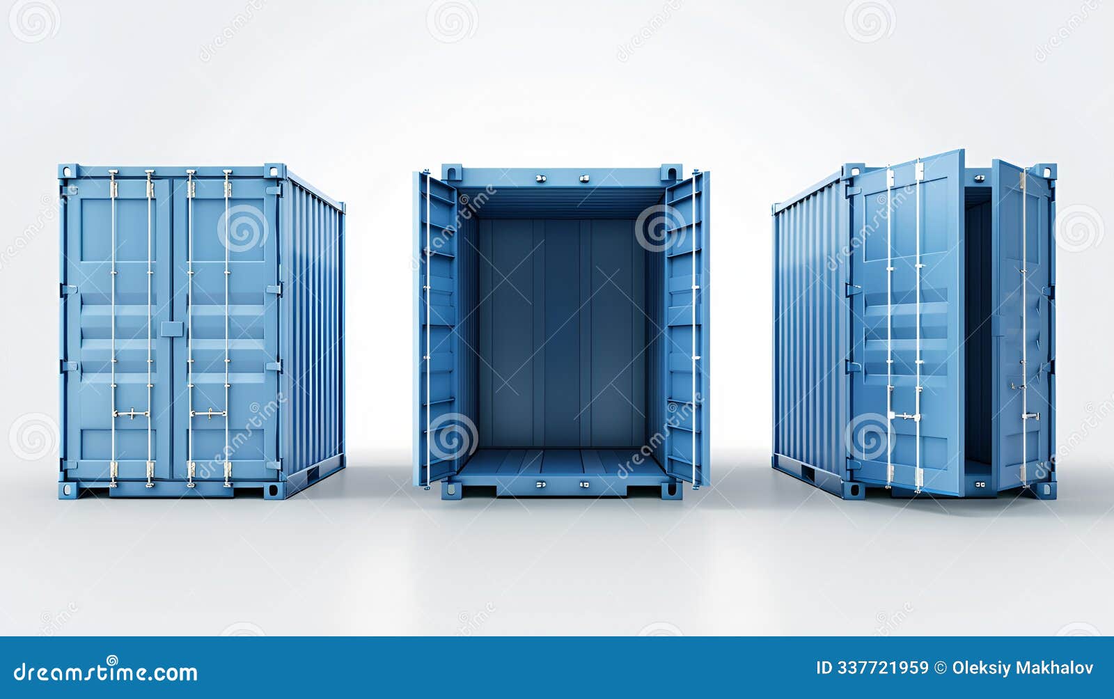 Set of Open and Closed Blue Metal Cargo Containers, Shown from Front ...