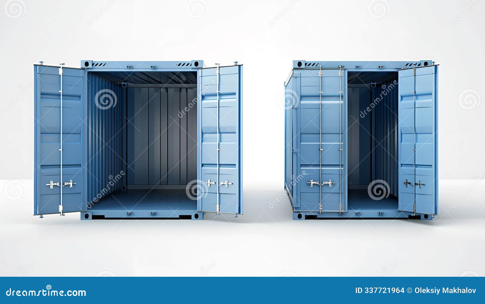 Set of Open and Closed Blue Metal Cargo Containers, Shown from Front ...