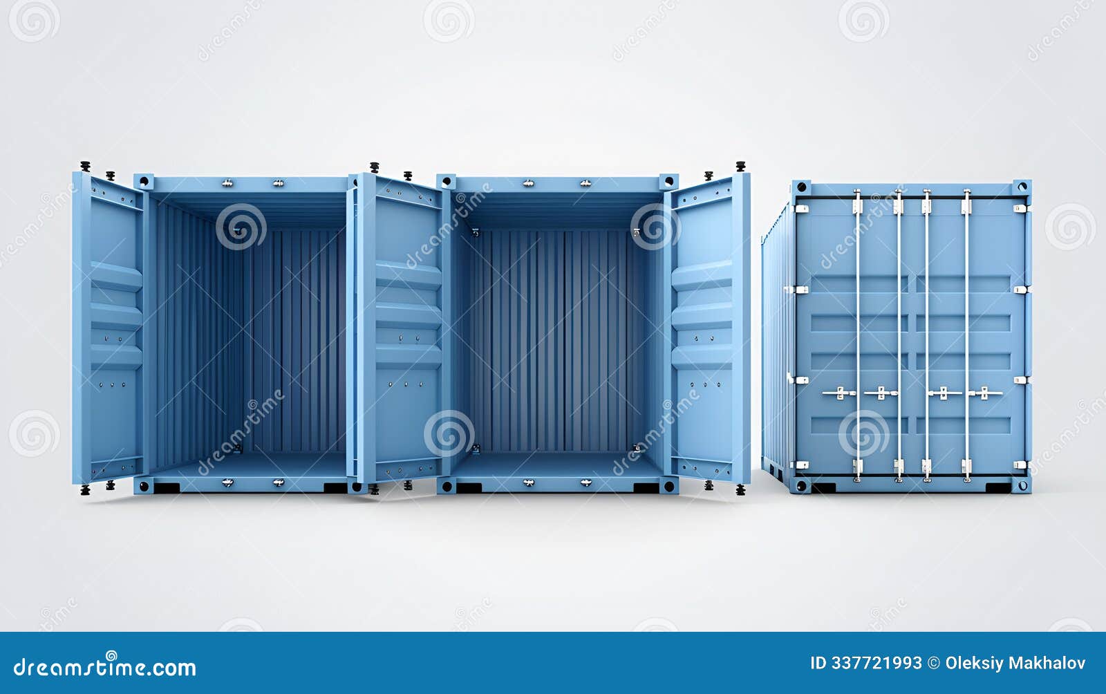 Set of Open and Closed Blue Metal Cargo Containers, Shown from Front ...