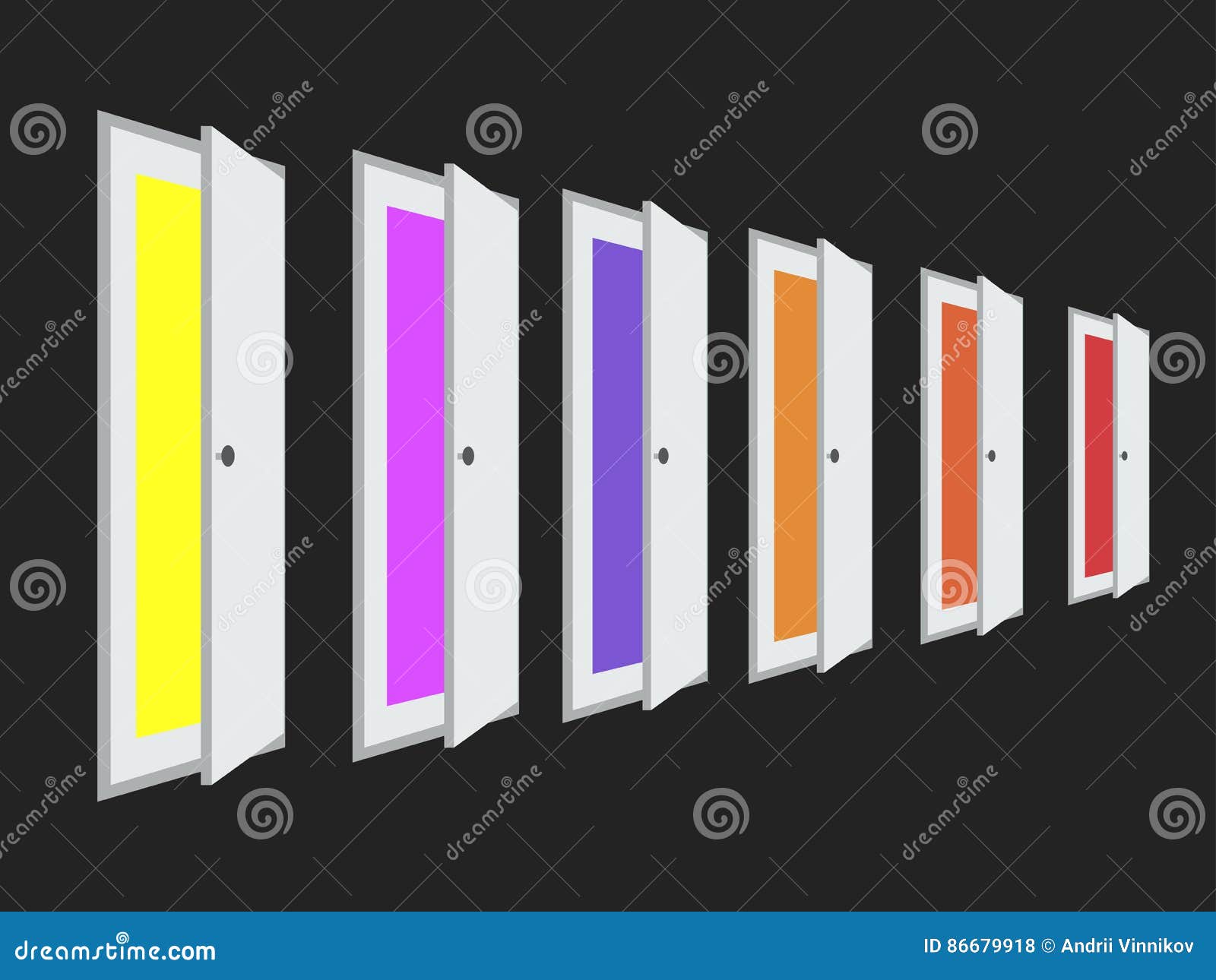 A Set of Open Doors with Different Colors Color. Isometric Door Stock ...