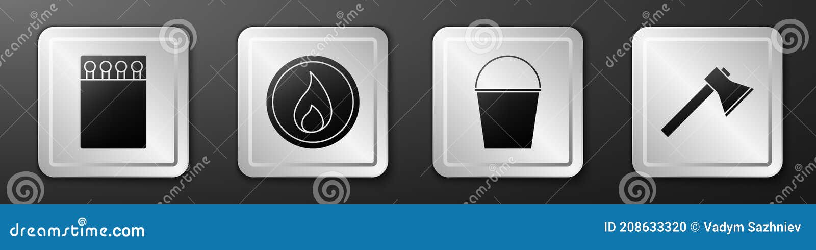 Set Open Matchbox and Matches, Fire Flame, Fire Bucket and Firefighter ...