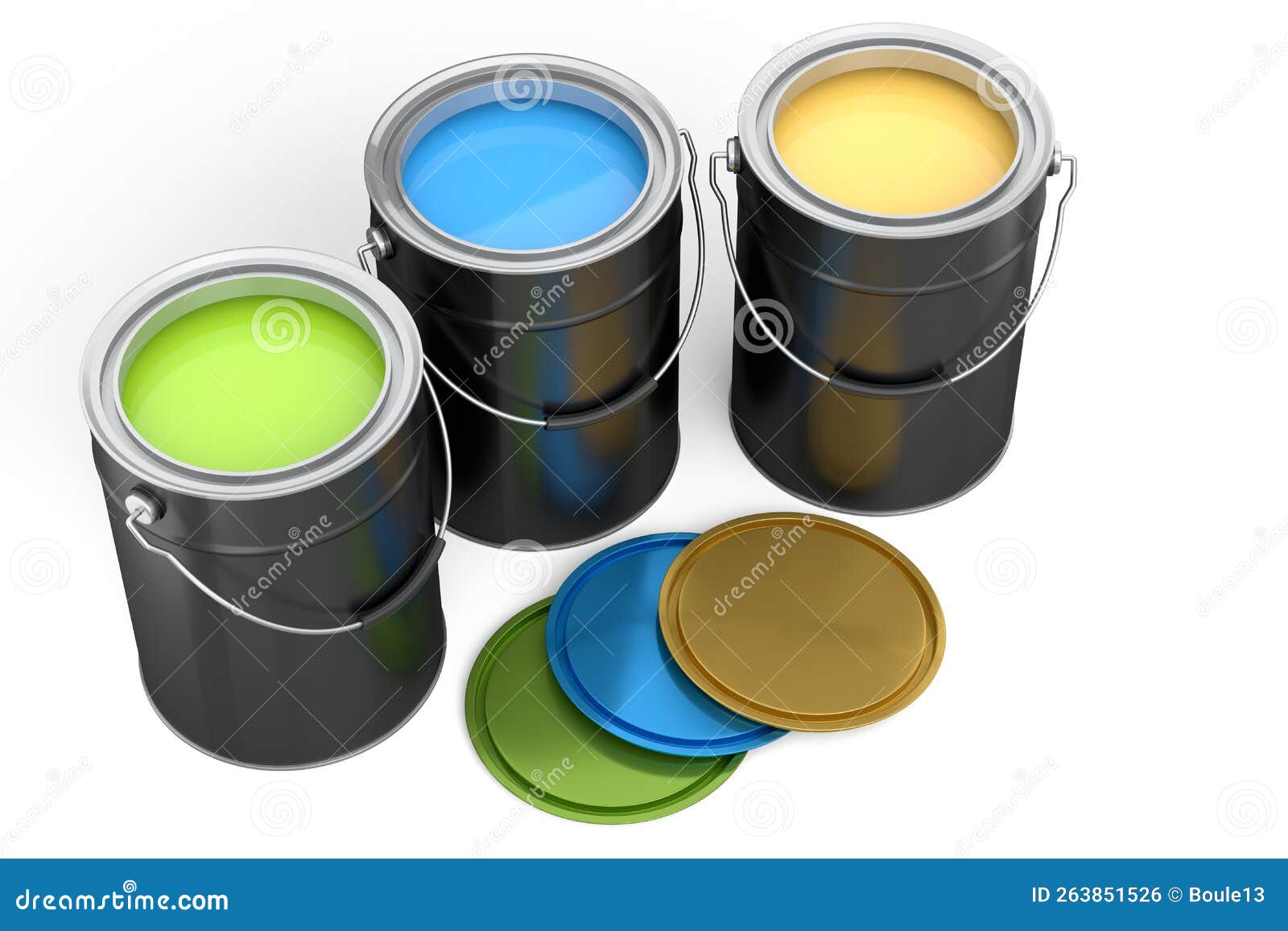 Set of Open Metal Can or Buckets of Paint with Handle on White ...