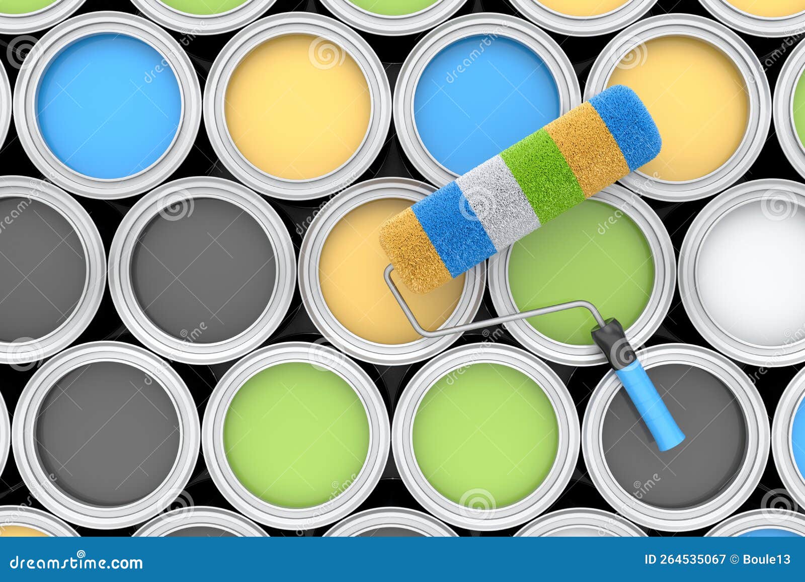 Set of Open Metal Can or Buckets of Paint in Row Pattern on White ...