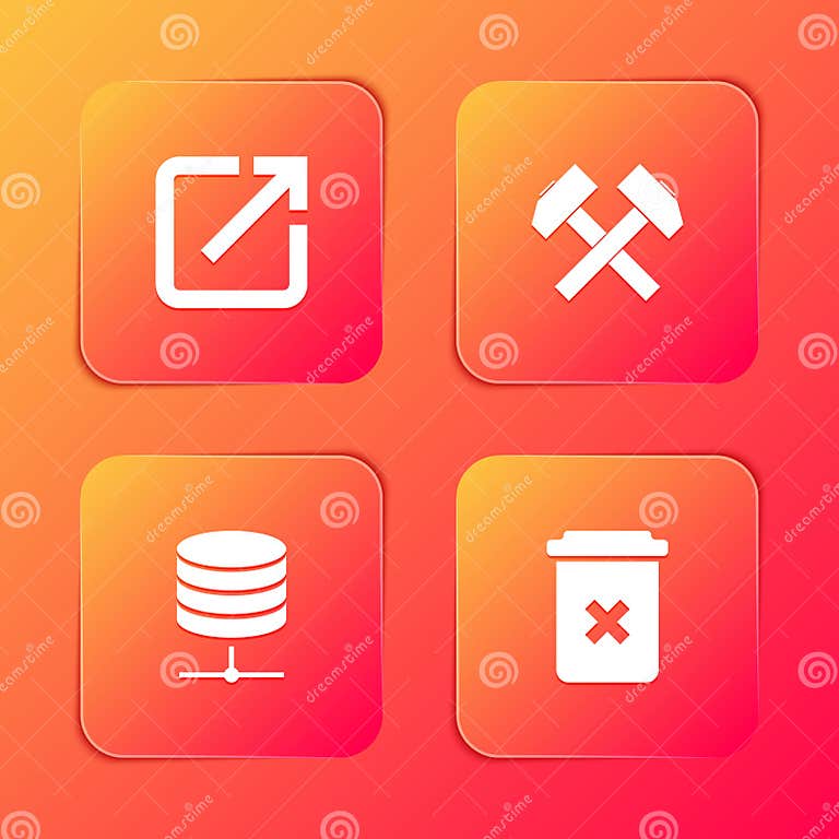 Set Open in New Window, Two Crossed Hammers, Server, Data, Web Hosting and Trash Can Icon ...