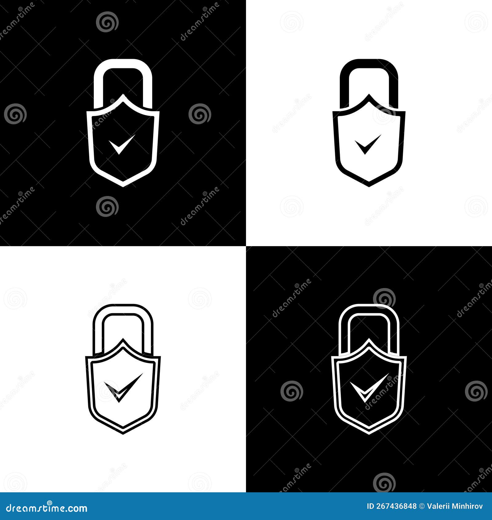 Set Open Padlock and Check Mark Icon Isolated on Black and White ...