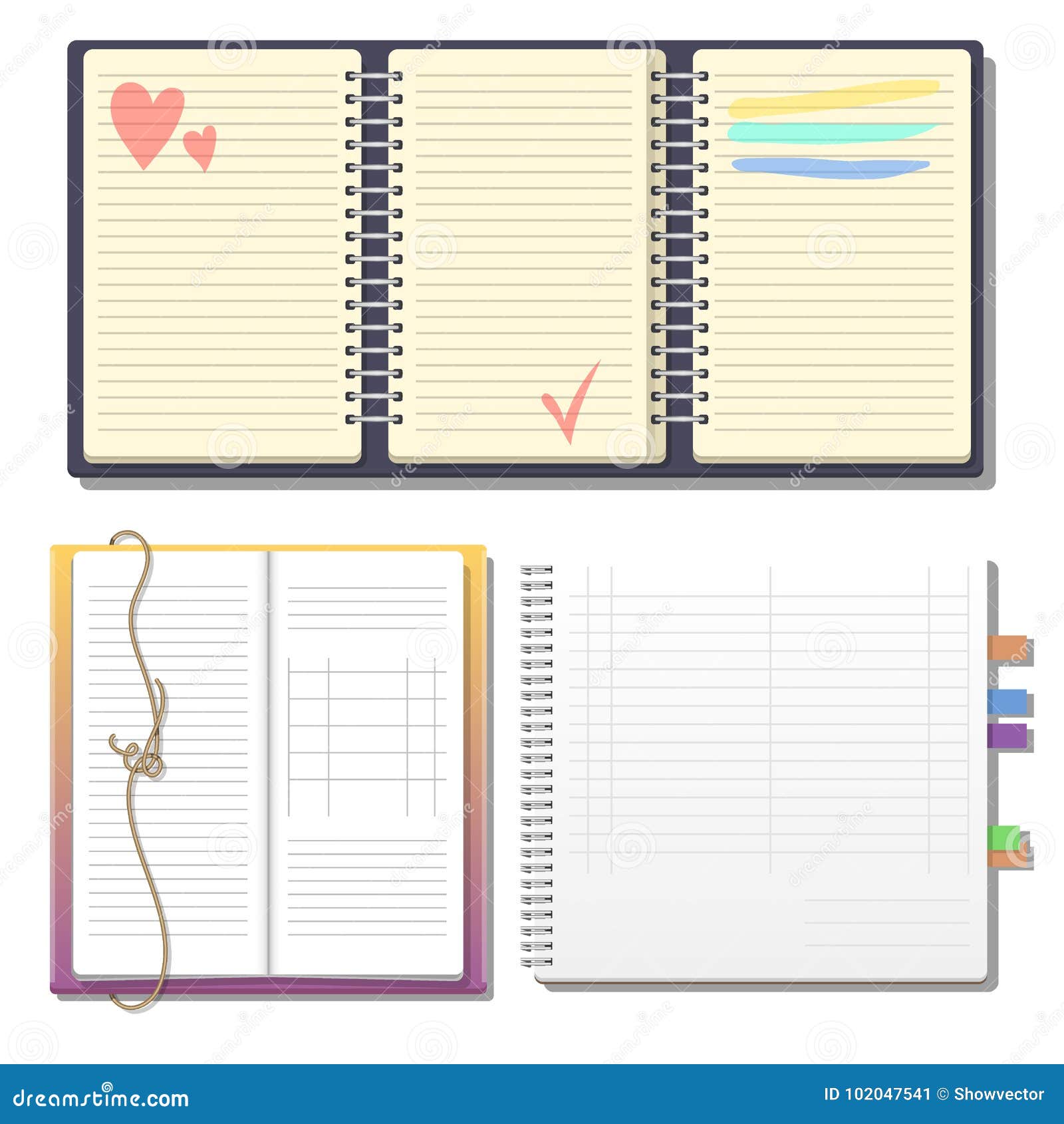 Set of Open Realistic Notebooks with Pages Diary Office Sheet Template ...