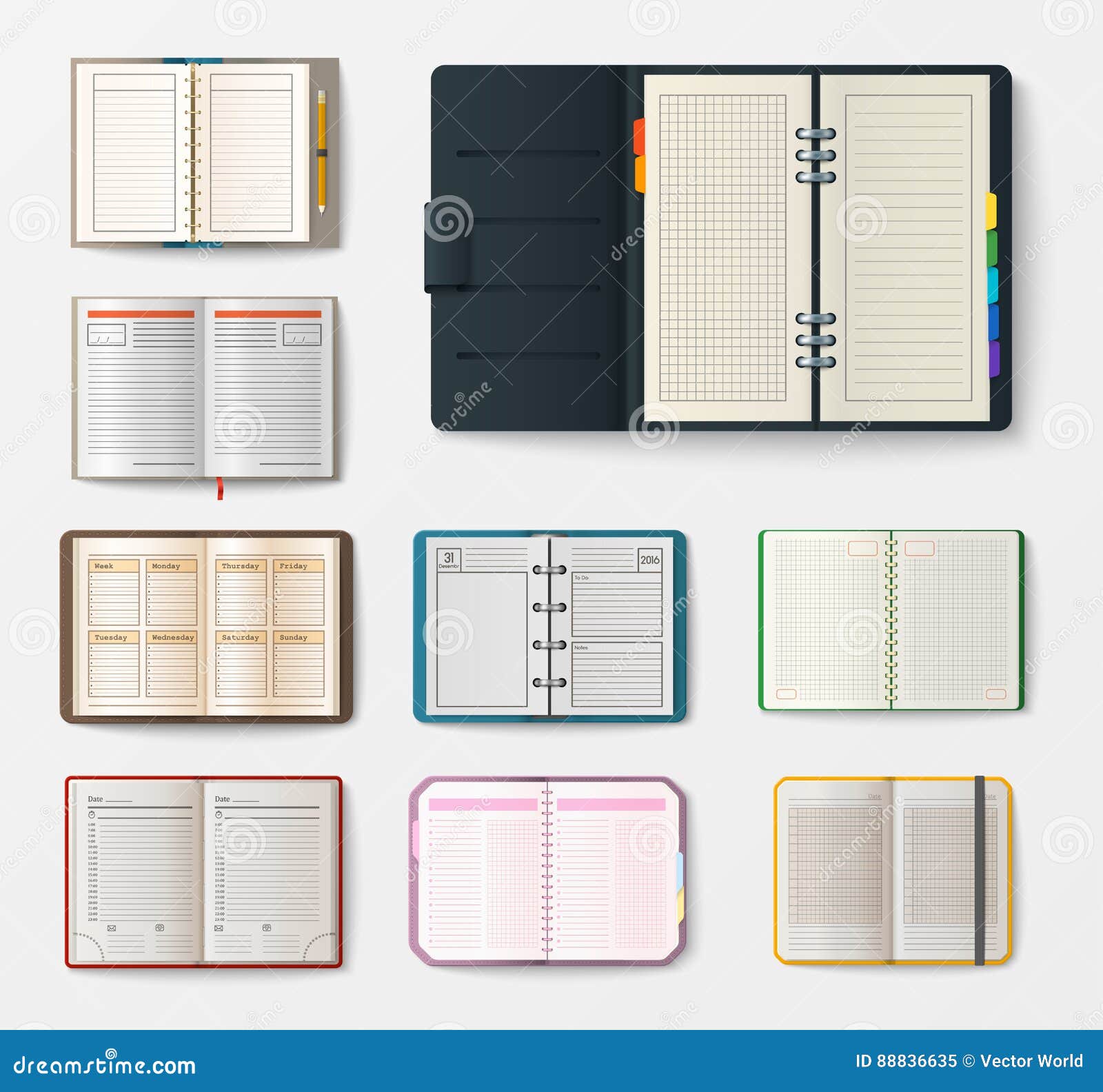 Set Of Open Realistic Notebooks With Pages Diary Office Sheet Template ...