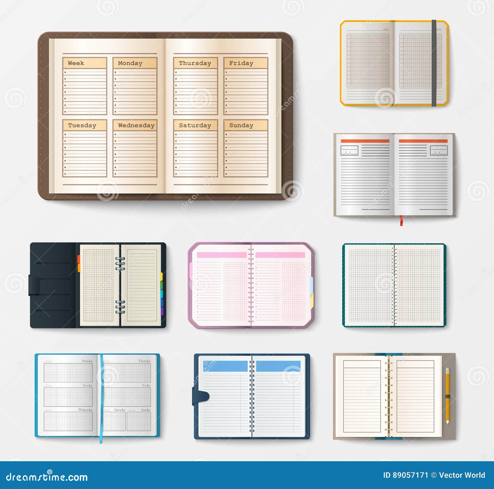 Set of Open Realistic Notebooks with Pages Diary Office Sheet Template ...