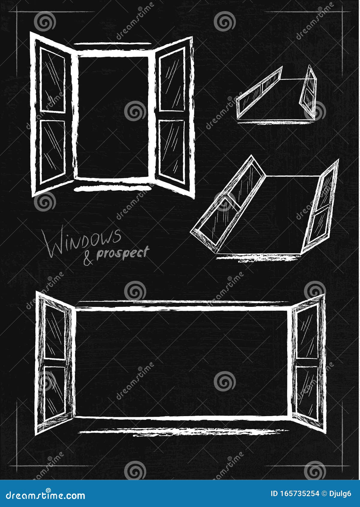 Set of Open Windows Drawn in Chalk. Architectural Element Hand Drawing ...