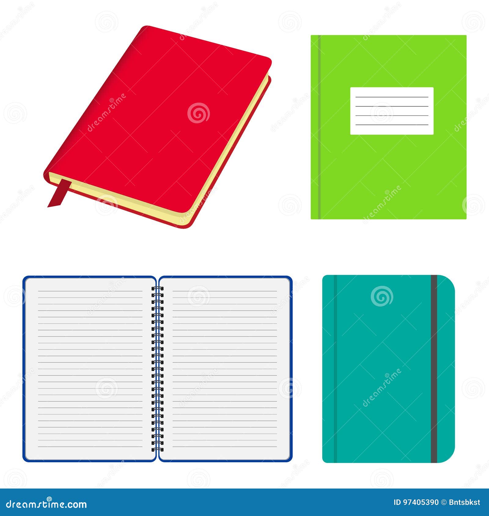 Set of Opened and Closed Notebooks and Copybooks with Colored Covers ...