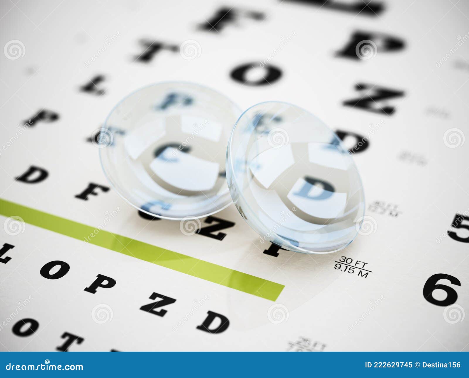 Set of Optical Lenses Standing on Eye Test Chart. 3D Illustration Stock ...