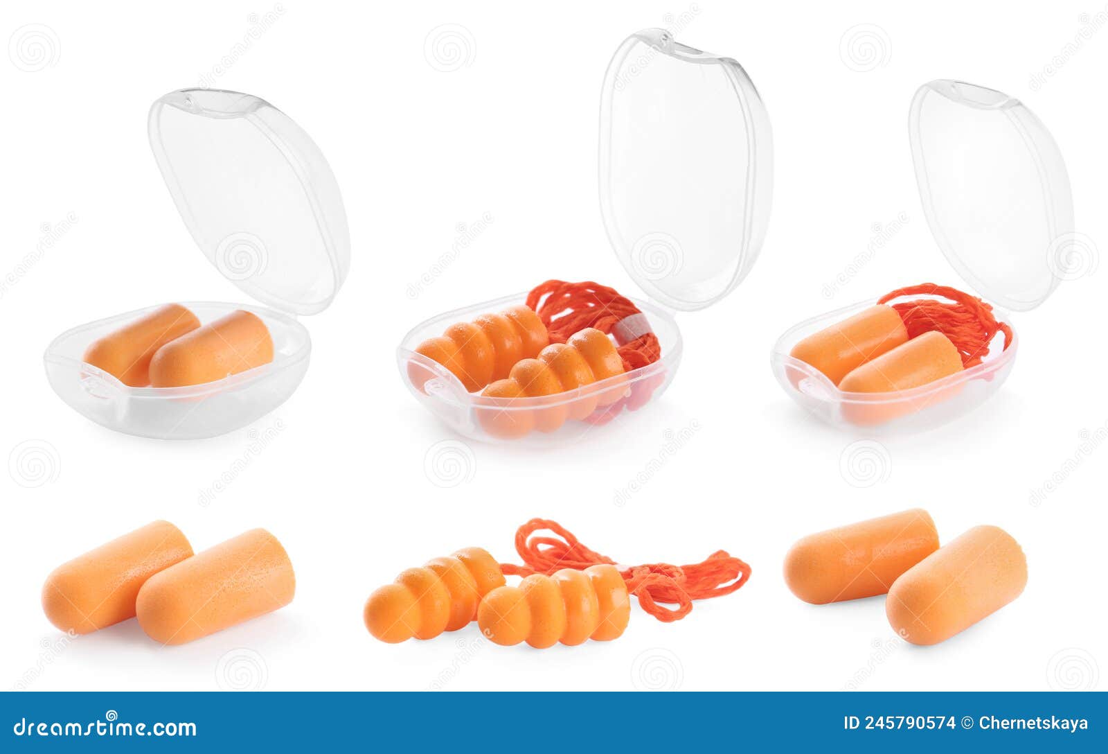 Set with Orange Ear Plugs on White Background Stock Photo - Image of ...