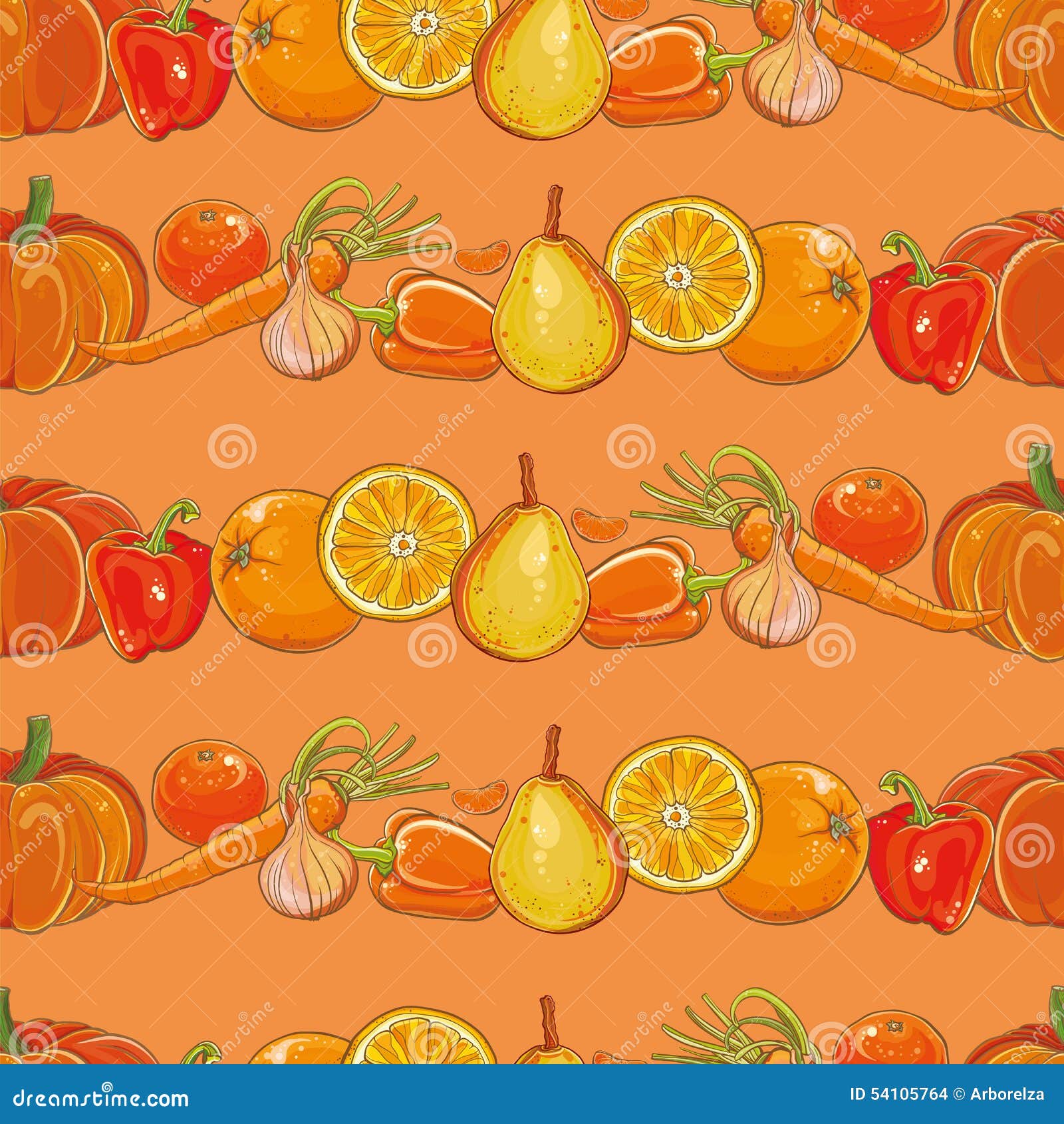 Set of Orange Fruits and Vegetables on Orange Seamless Pattern Stock ...