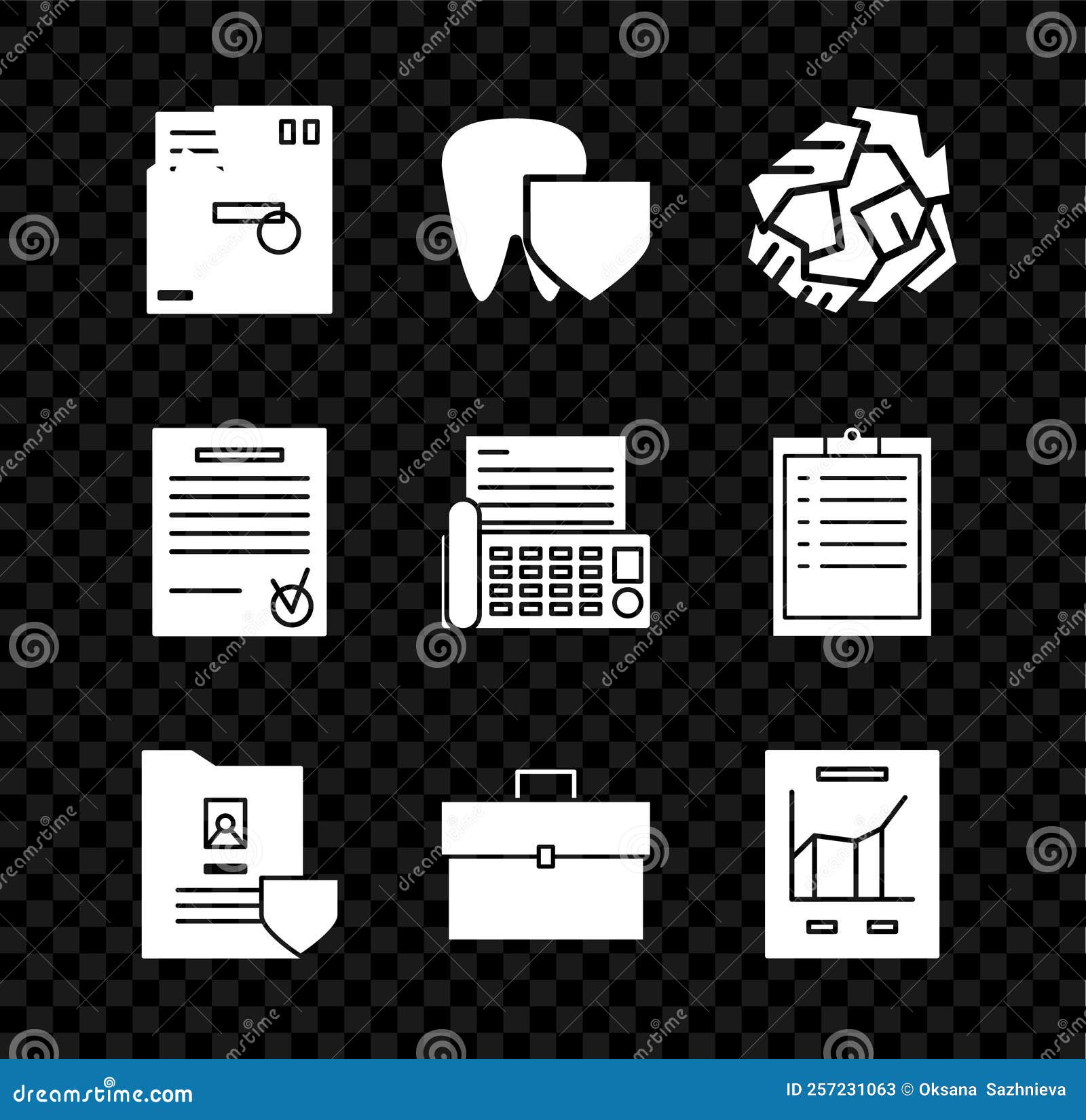 Set Ordered Envelope, Tooth with Shield, Crumpled Paper Ball, Document ... Set Ordered Envelope, Tooth with Shield, Crumpled Paper Ball, Document ...