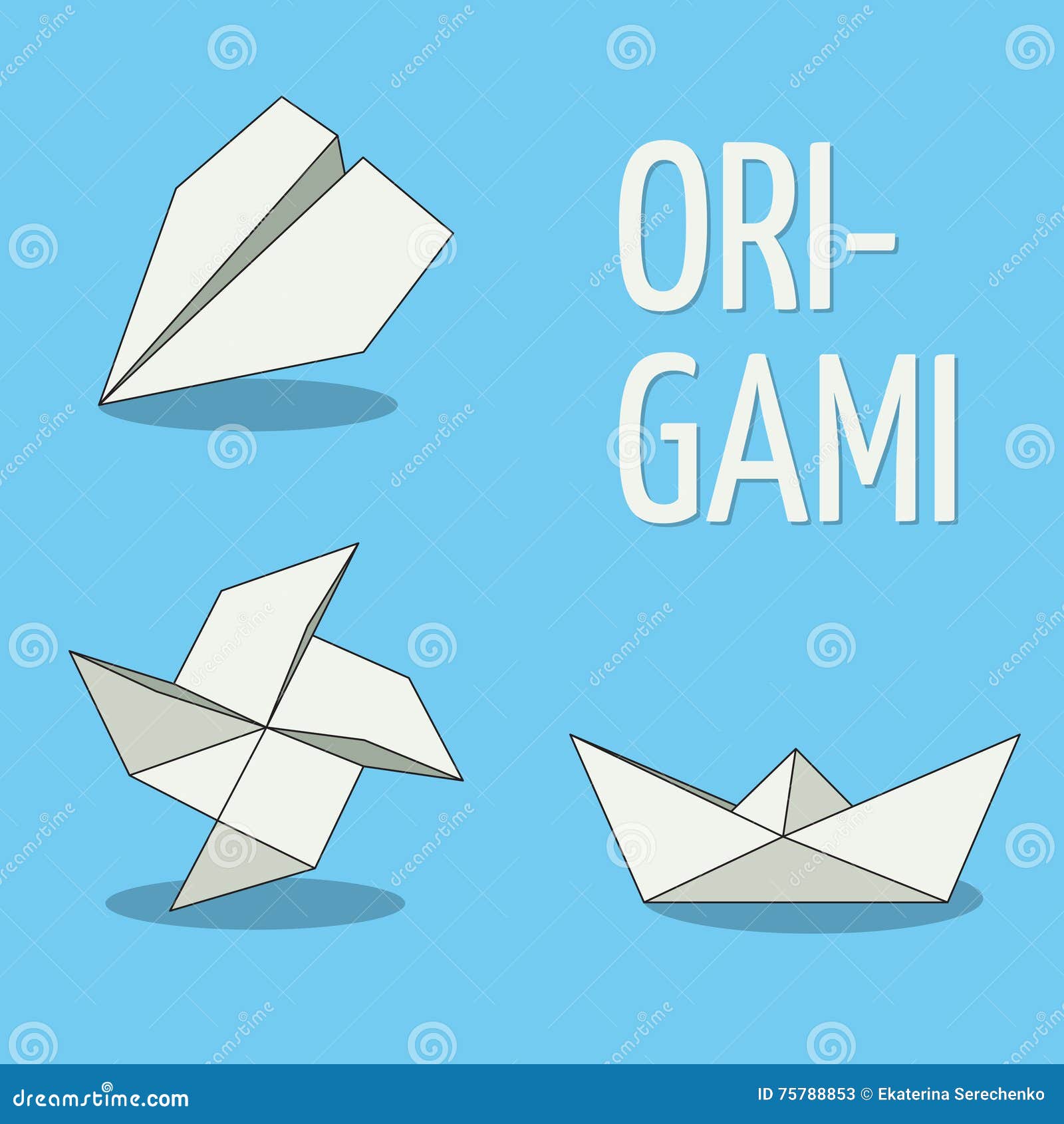 Set Of Origami Objects. White On Blue Background. Plane, Pinwheel And ...