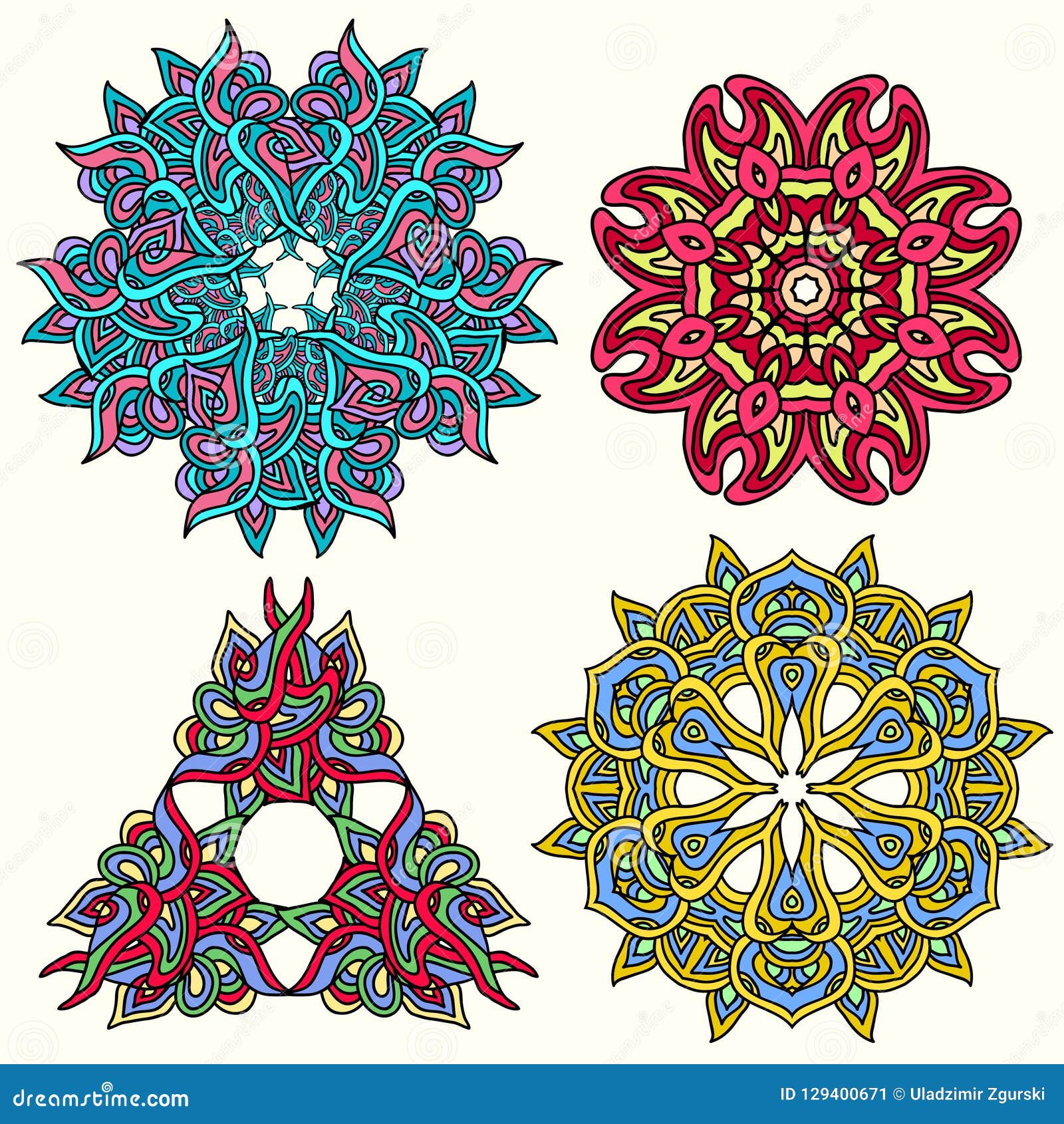 Set of Ornament Multicolor Doodle Mandalas. Vintage Decorative Stock ...