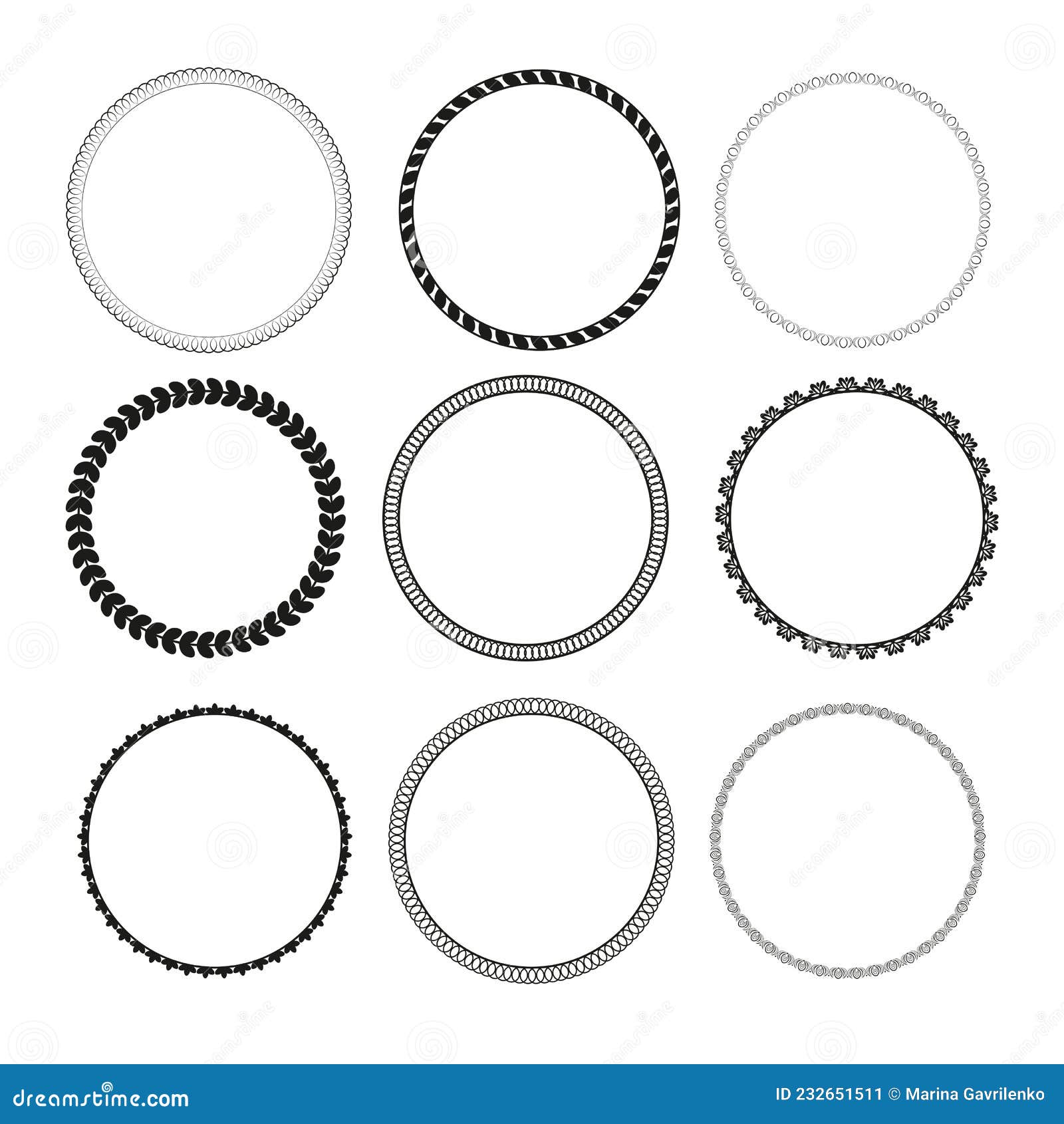 A Set of Ornaments of Decorative Elements Arranged in a Circle, Black ...