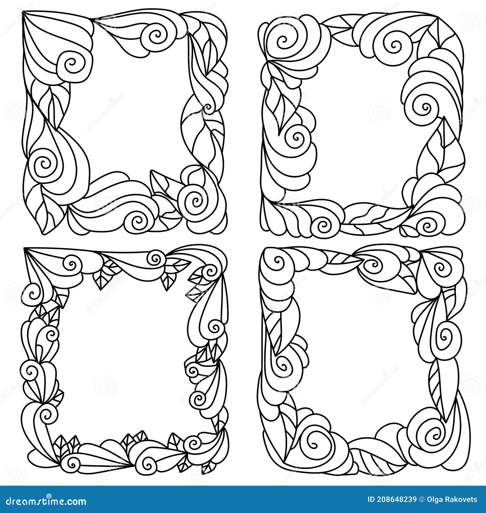 Set of Ornate Frames with Curls and Leaves, Contour Rectangular Borders ...