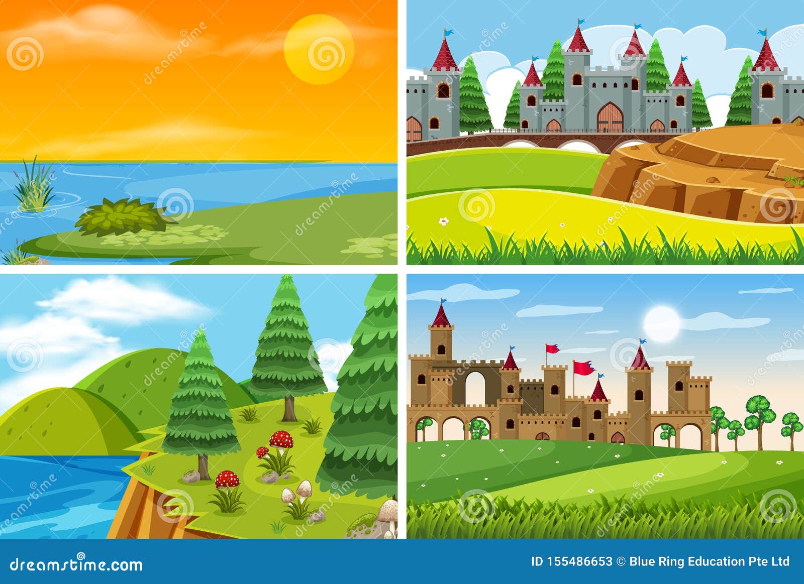 A Set of Outdoor Scene Including Castle Stock Vector - Illustration of ...