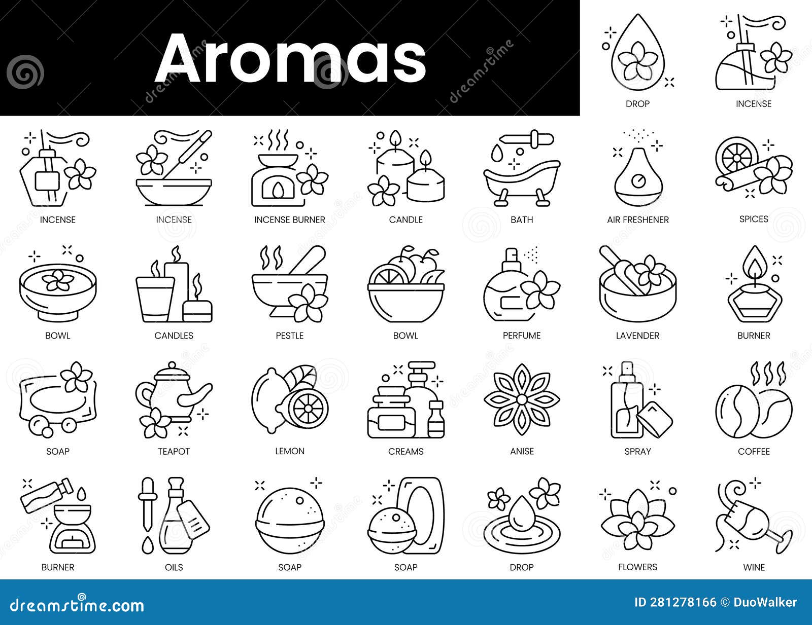 Set of Outline Aromas Icons. Minimalist Thin Linear Web Icon Set Stock ...