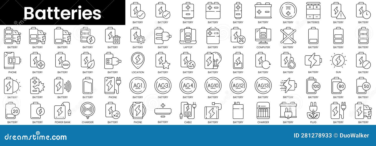 Set of Outline Batteries Icons. Minimalist Thin Linear Web Icon Set ...