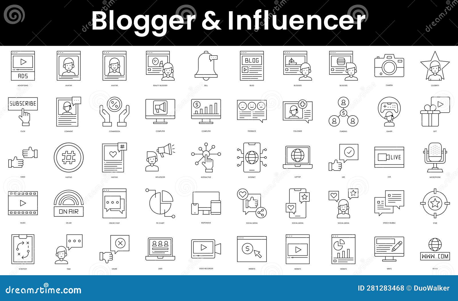 Set of Outline Blogger and Influencer Icons. Minimalist Thin Linear Web ...