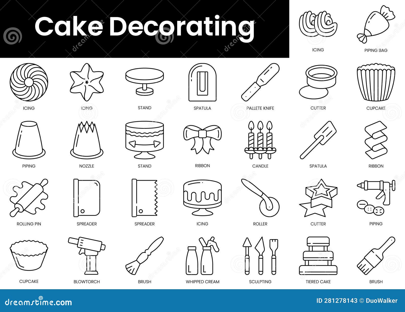 Set of Outline Cake Decorating Icons. Minimalist Thin Linear Web Icon ...