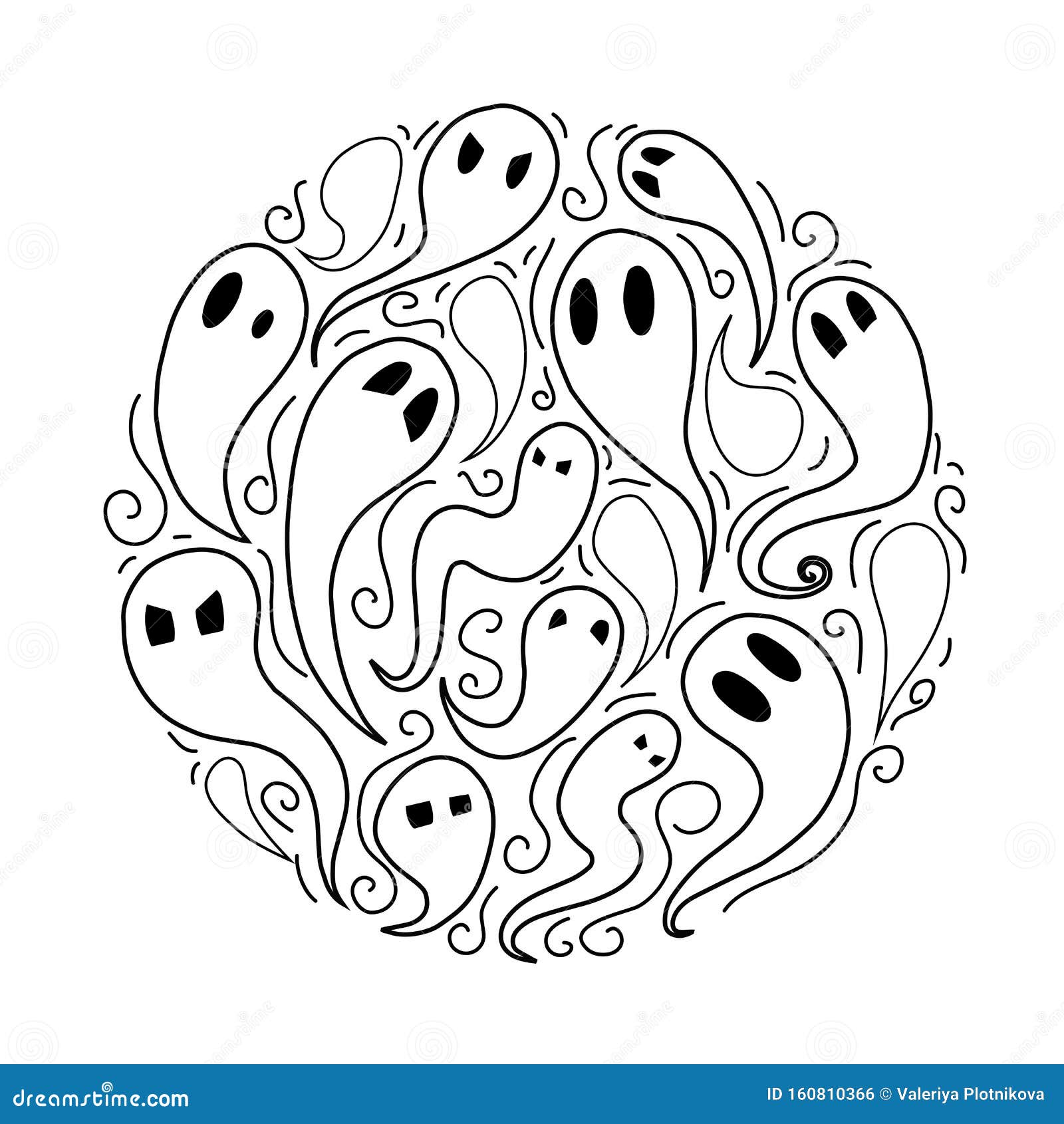 Set of Outline Cartoon Ghosts with Emotions in Circle. Doodle Spirits ...
