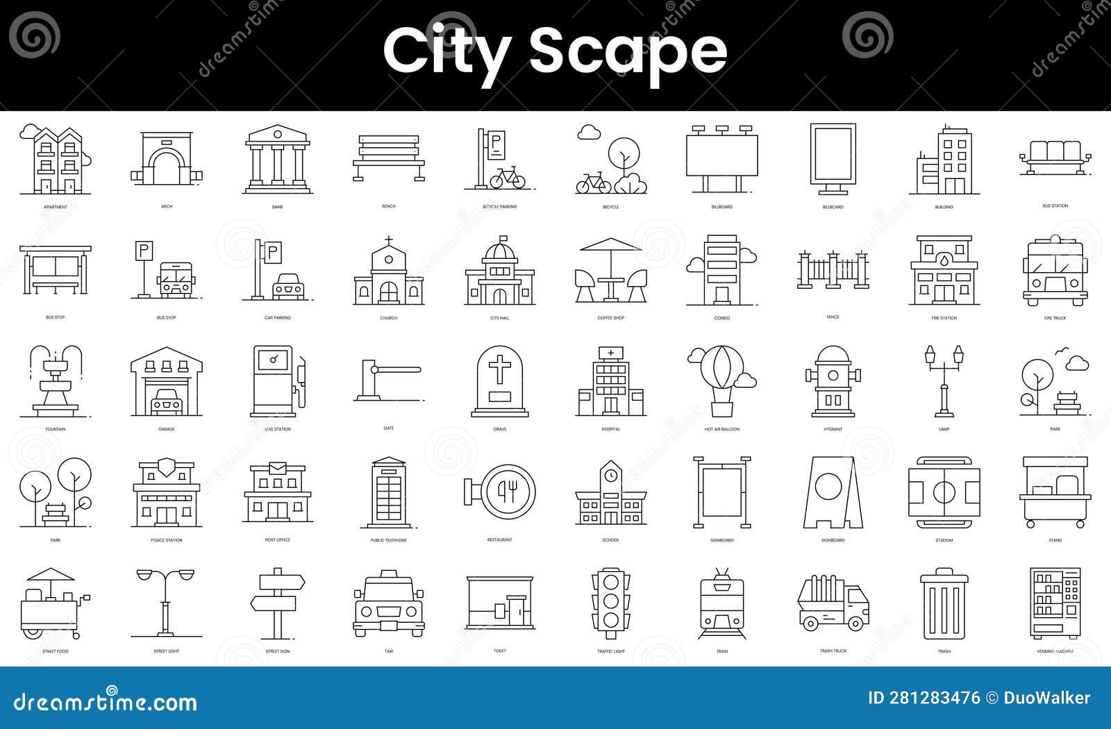 Set of Outline City Scape Icons. Minimalist Thin Linear Web Icon Set ...