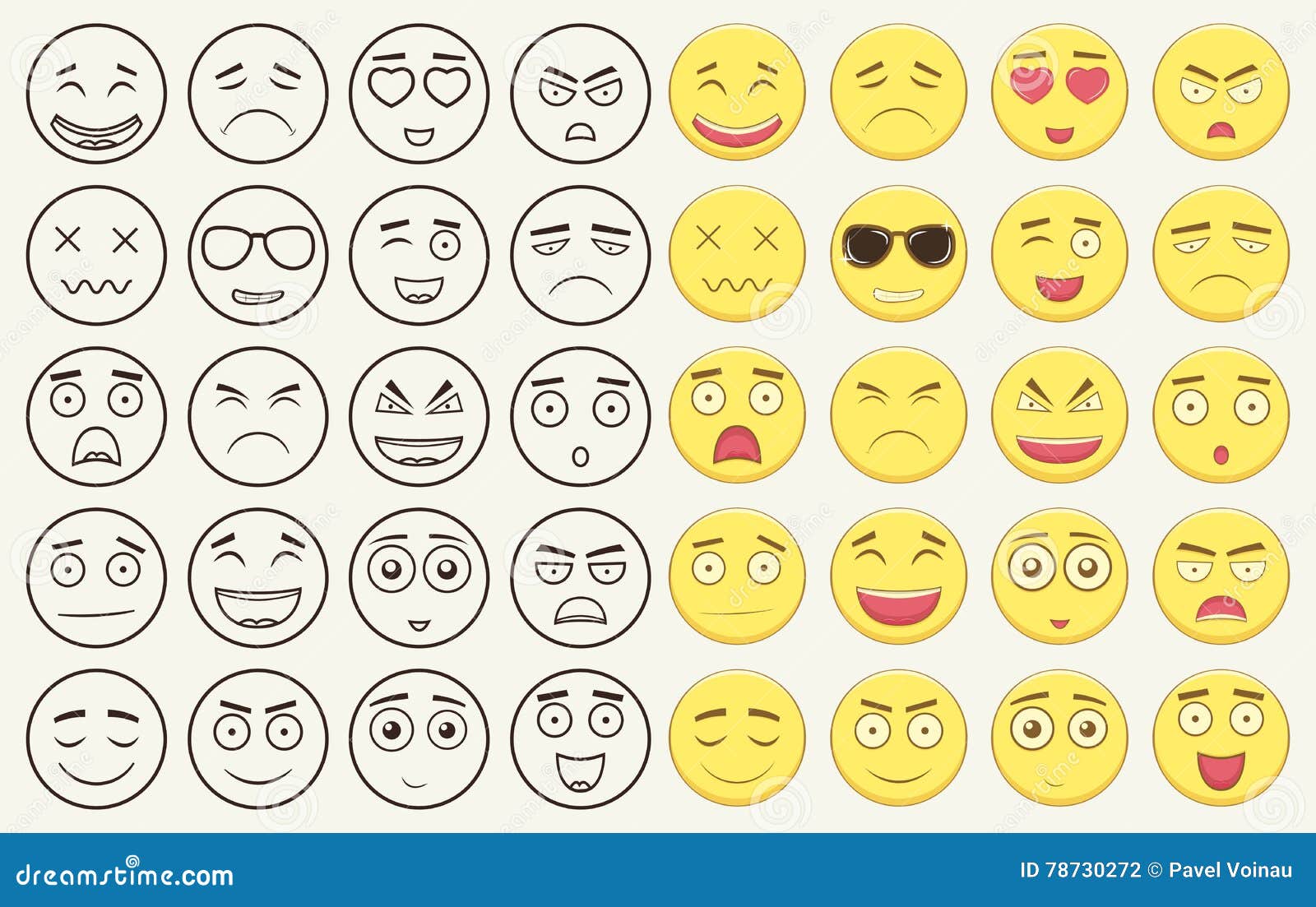 Set Of Outline And Colorful Emoticons Emoji Isolated On White