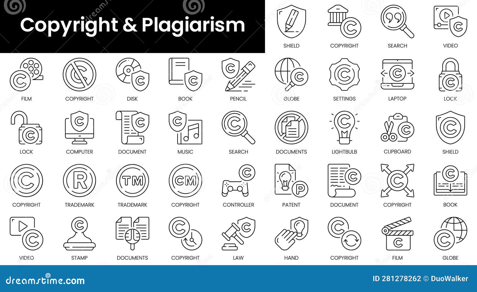 Set of Outline Copyright and Plagiarism Icons. Minimalist Thin Linear ...