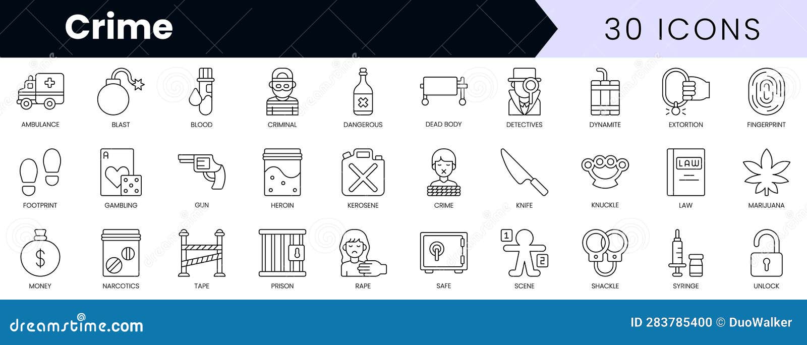 Set of Outline Crime Icons. Minimalist Thin Linear Web Icon Set Stock ...