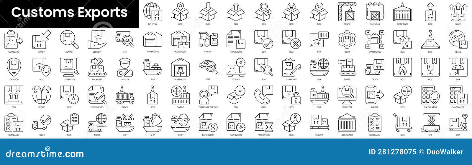 Set of Outline Customs Exports Icons. Minimalist Thin Linear Web Icon ...