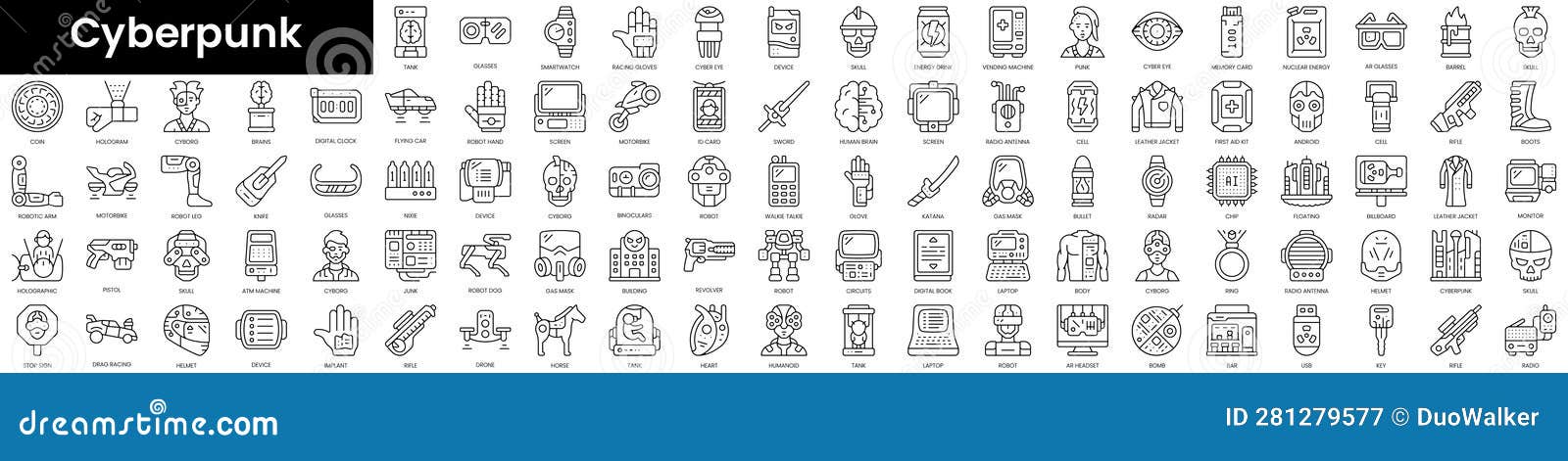 Set of Outline Cyberpunk Icons. Minimalist Thin Linear Web Icon Set ...