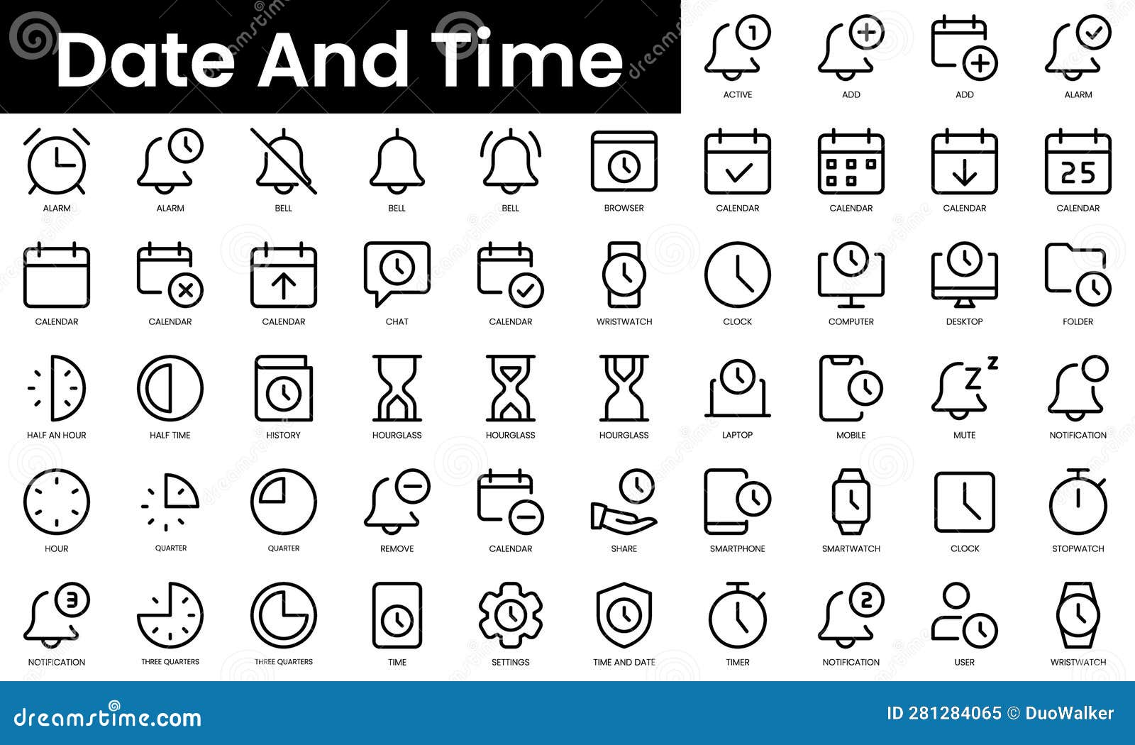 Set of Outline Date and Time Icons. Minimalist Thin Linear Web Icon Set ...