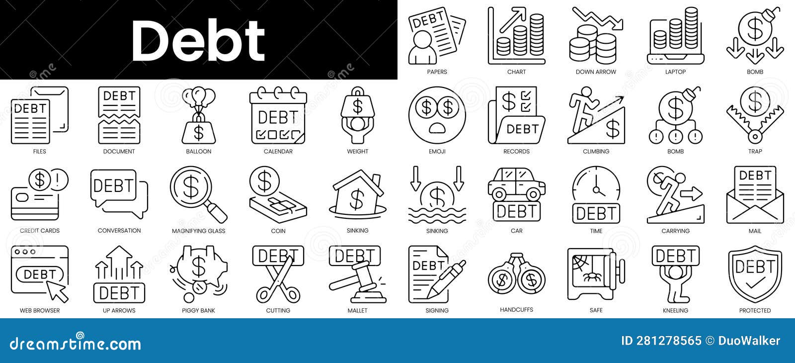 Set of Outline Debt Icons. Minimalist Thin Linear Web Icon Set Stock ...