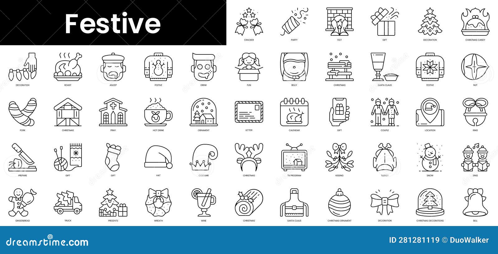 Set of Outline Festive Icons. Minimalist Thin Linear Web Icon Set Stock ...