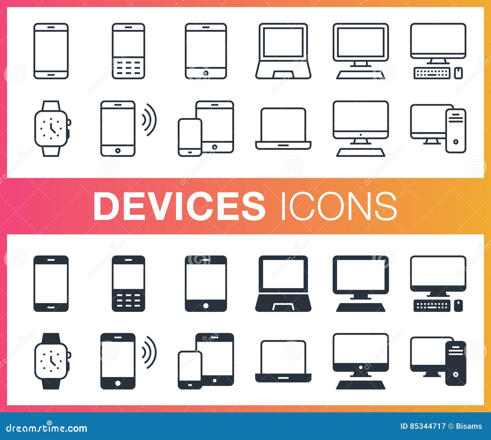 Set of Outline and Flat Devices Icons. Stock Vector - Illustration of ...