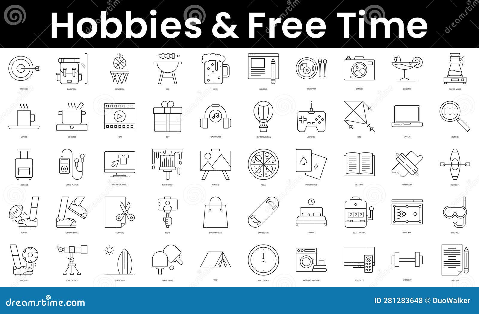 Set of Outline Hobbies and Free Time Icons. Minimalist Thin Linear Web ...