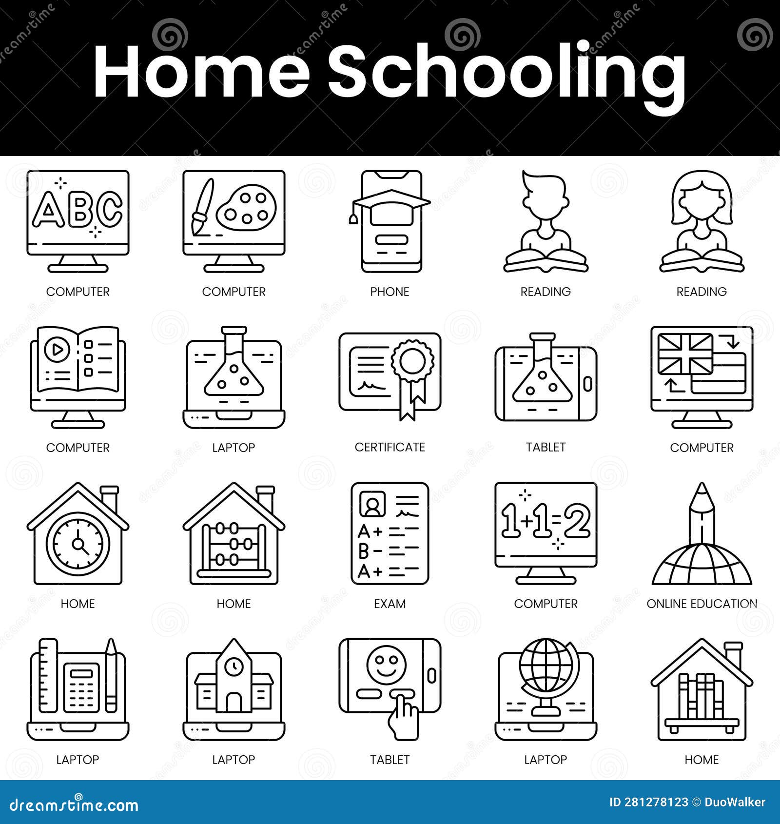 Set of Outline Home Schooling Icons. Minimalist Thin Linear Web Icon ...