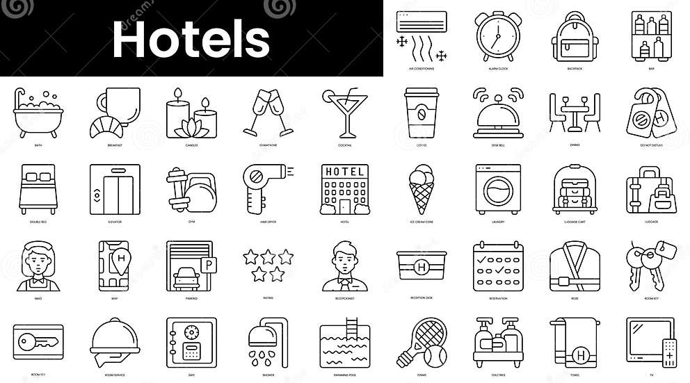 Set of Outline Hotels Icons. Minimalist Thin Linear Web Icons Bundle Stock Vector - Illustration ...